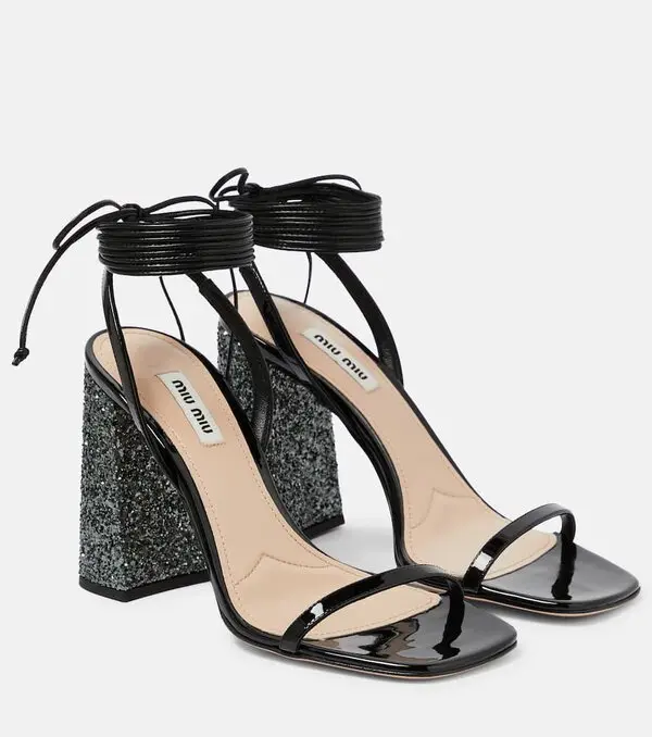 Miu Miu Glitter And Patent Leather Sandals - Black