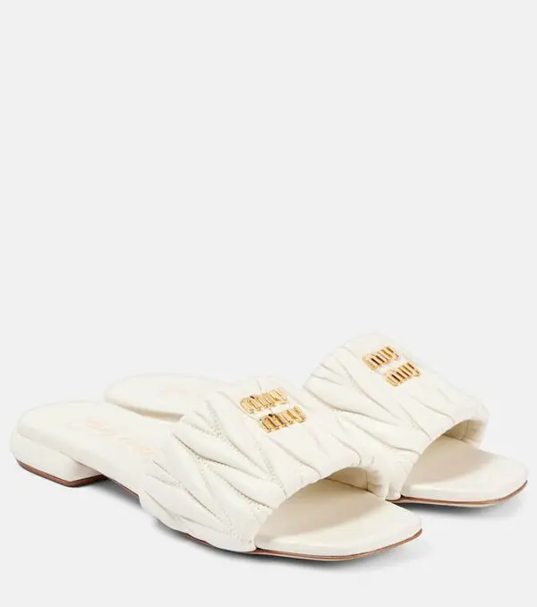 Miu Miu Logo Matelassé Leather Slides - White