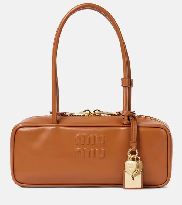 Miu Miu Beau Logo Embossed Leather Tote - Brown