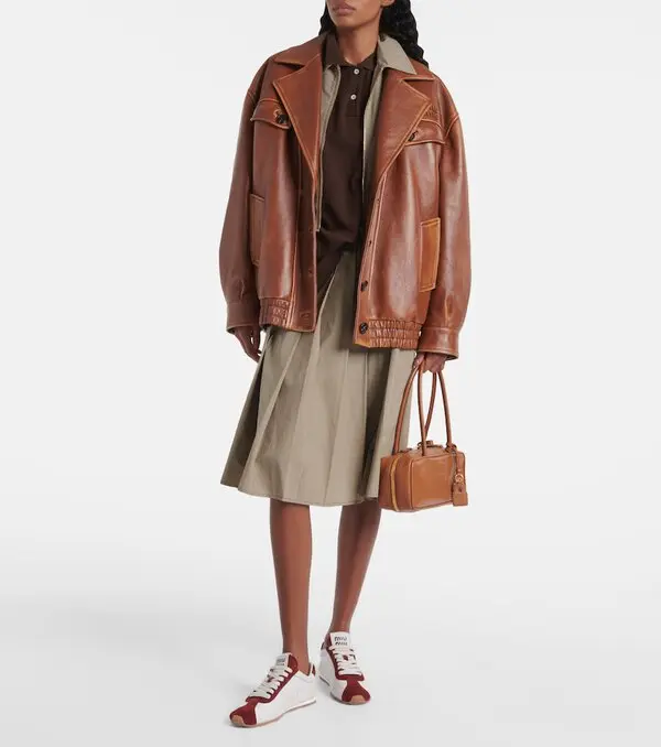 Miu Miu Beau Logo Embossed Leather Tote - Brown