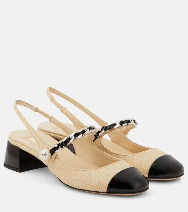 Miu Miu Leather-trimmed Raffia Slingback Pumps - Neutrals