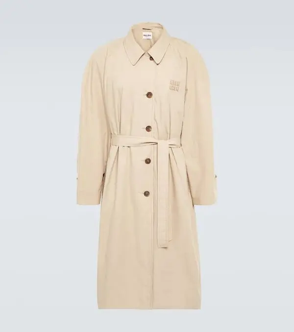Miu Miu Logo Cotton Gabardine Trench Coat - Beige