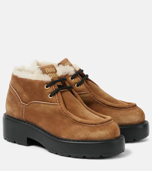 Miu Miu Chunky Shearling-trimmed Leather Flats - Brown