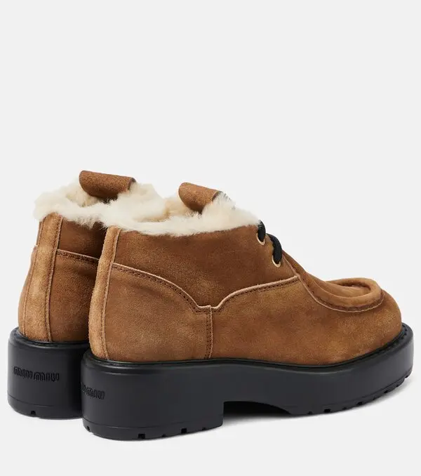 Miu Miu Chunky Shearling-trimmed Leather Flats - Brown