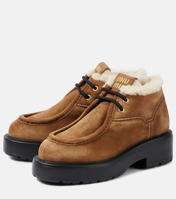 Miu Miu Chunky Shearling-trimmed Leather Flats - Brown