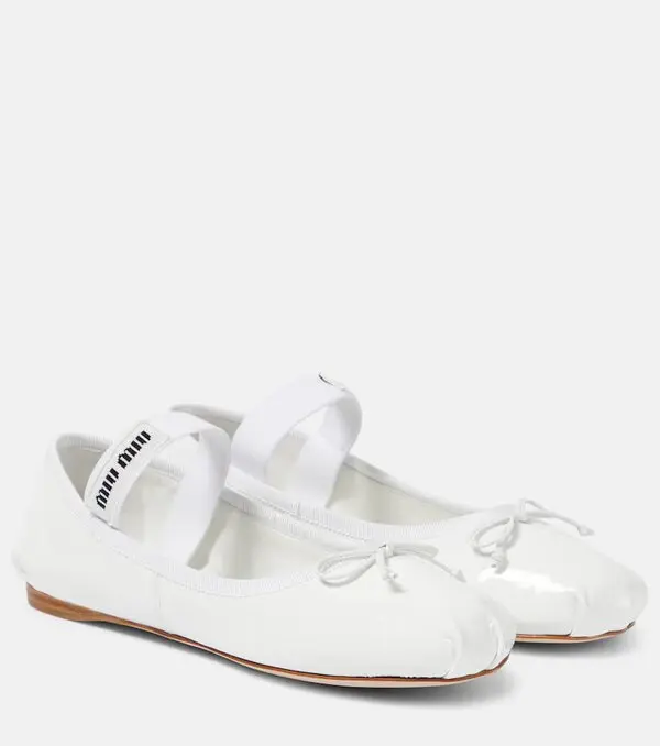 Miu Miu Logo Patent Leather Ballet Flats - White