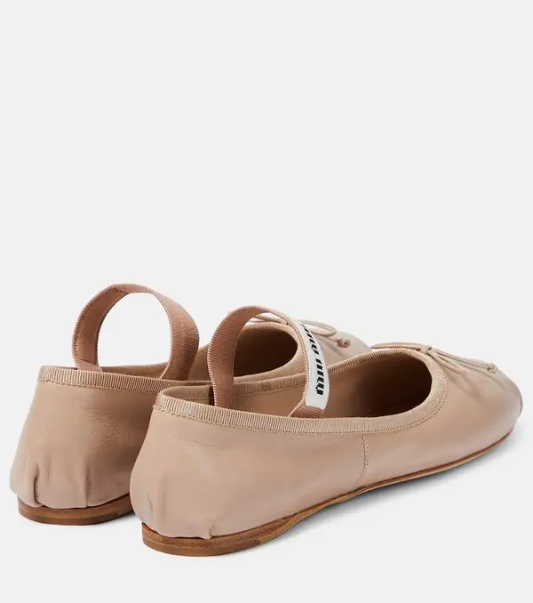 Miu Miu Logo Leather Ballet Flats - Beige