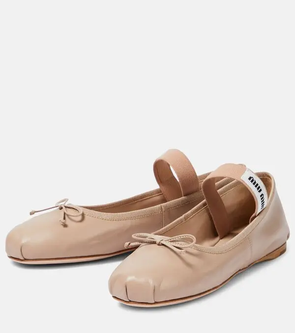 Miu Miu Logo Leather Ballet Flats - Beige
