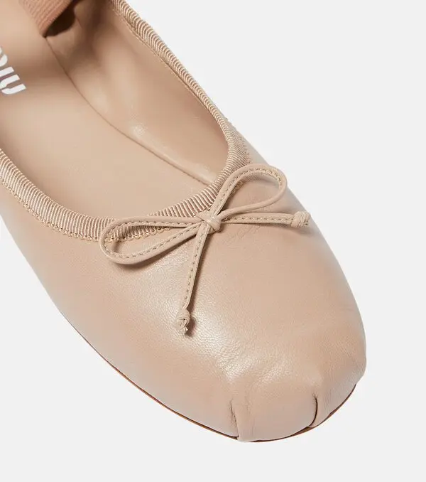 Miu Miu Logo Leather Ballet Flats - Beige