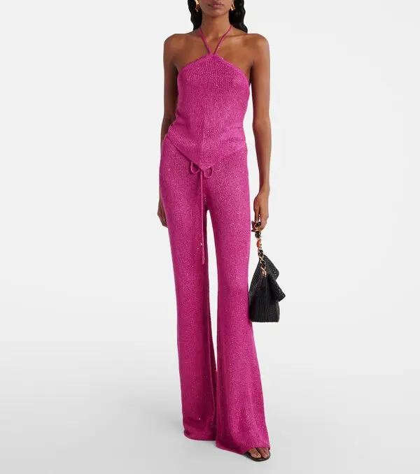 BANANHOT Liz Knitted Sequin Flared Pants - Pink