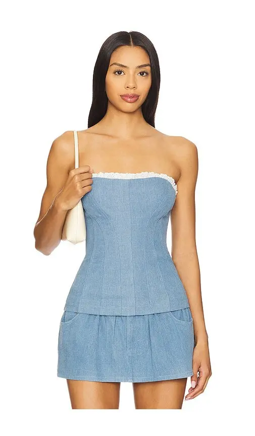 LOVERS AND FRIENDS Charlette Top Strapless Denim Bustier With Eyelet Trim