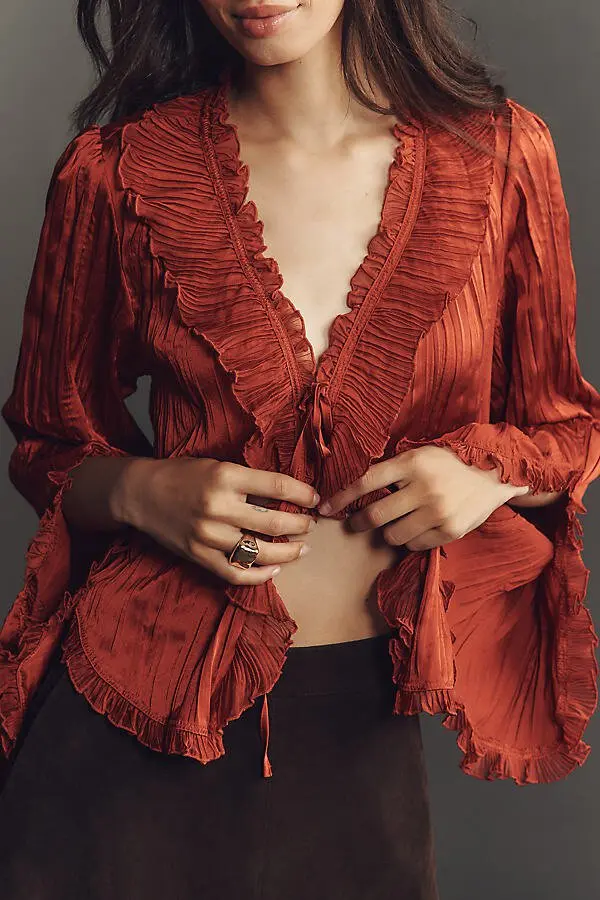Anthropologie Long-sleeve Ruffled Tie-front Top