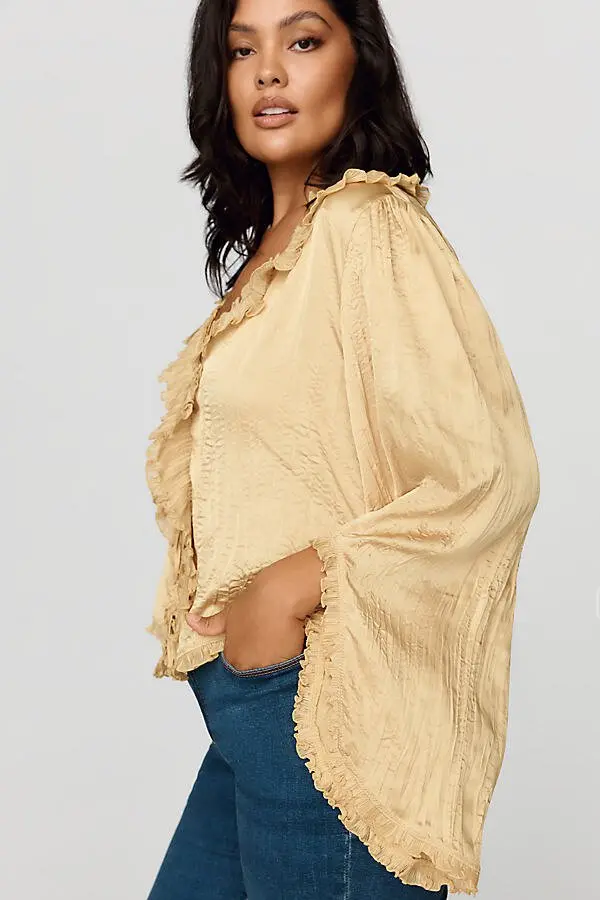 Anthropologie Long-sleeve Ruffled Tie-front Top - Gold