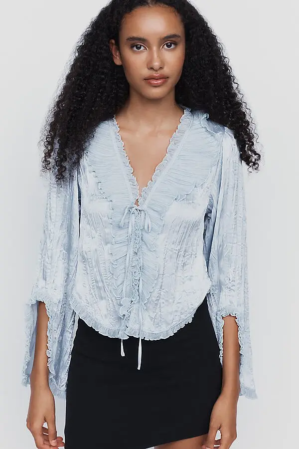 Anthropologie Long-sleeve Ruffled Tie-front Top - Ice Grey