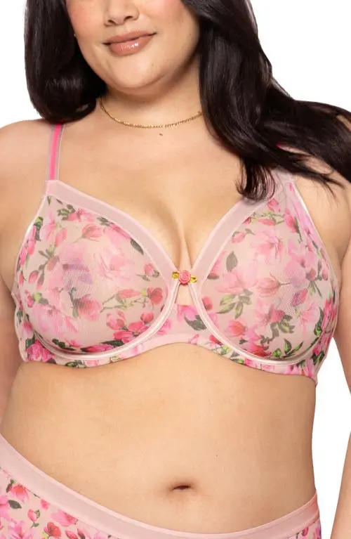 CURVY COUTURE Sheer Mesh Underwire Unlined Bra - In Full Bloom Pink