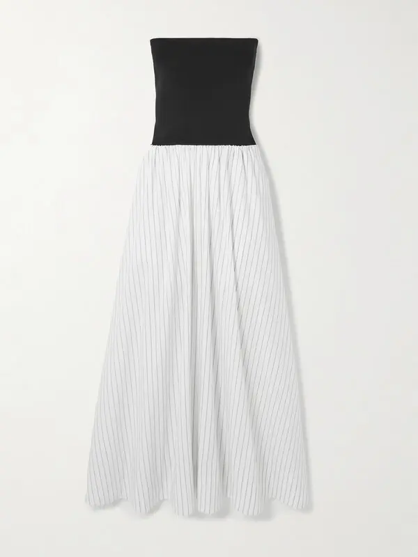 ST. AGNI Strapless Jersey And Pinstriped Organic Cotton Maxi Dress - Neutrals