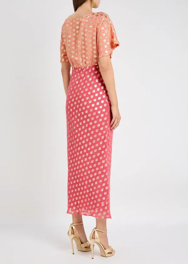 NEVER FULLY DRESSED Tilly Embroidered Chiffon Midi Dress - Pink