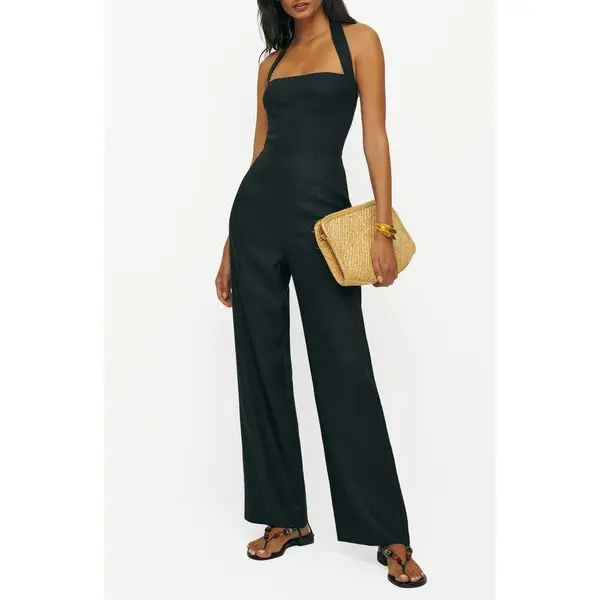 REFORMATION Malika Linen Halter Jumpsuit - Black