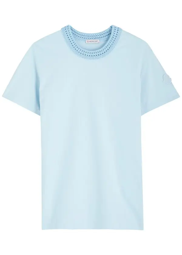 Moncler Woven Crew-neck Cotton T-shirt - Blue Light