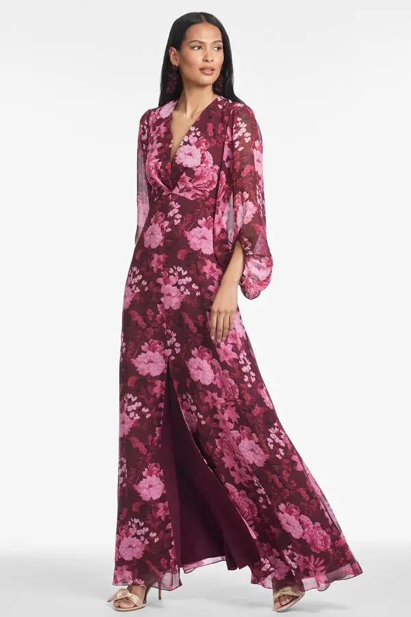 Sachin & Babi Floral Chiffon Empire Waist Gown - Raspberry Floribunda