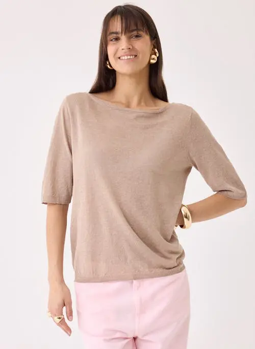 Majestic Filatures Stretch Linen Knit Three Quarter Sleeve Boatneck Shirt - Desert