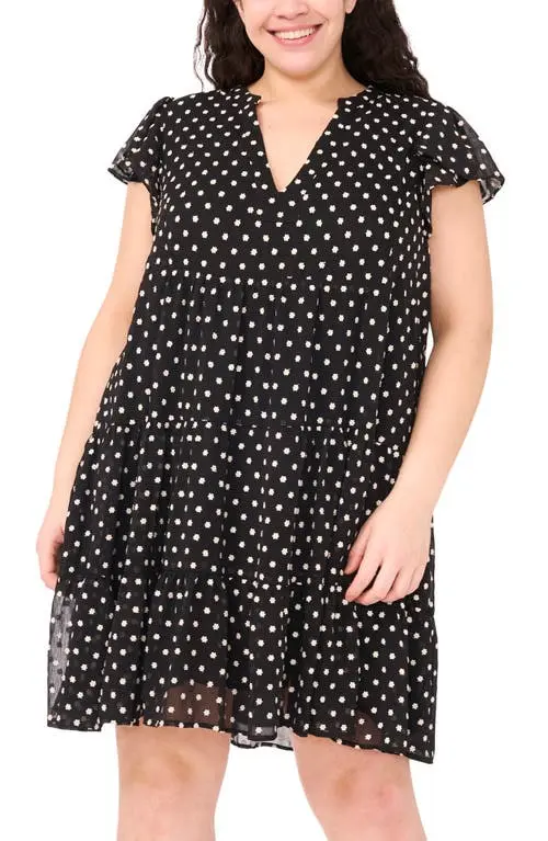 CECE DUPRAZ Floral Embroidered Flutter Sleeve Tiered Dress
