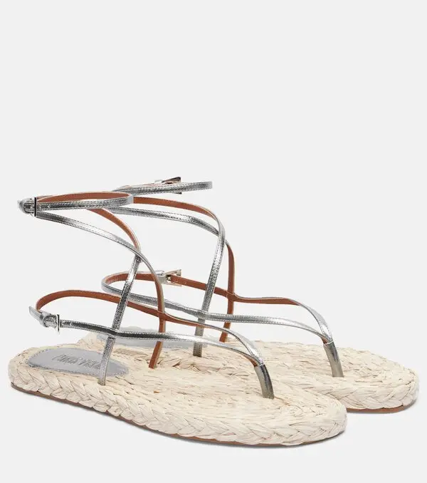 Paris Texas Hydra Metallic Leather And Raffia Sandals - Silver