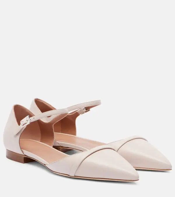MALONE SOULIERS Leather Pointed Toe Flats With Ankle Strap - Beige