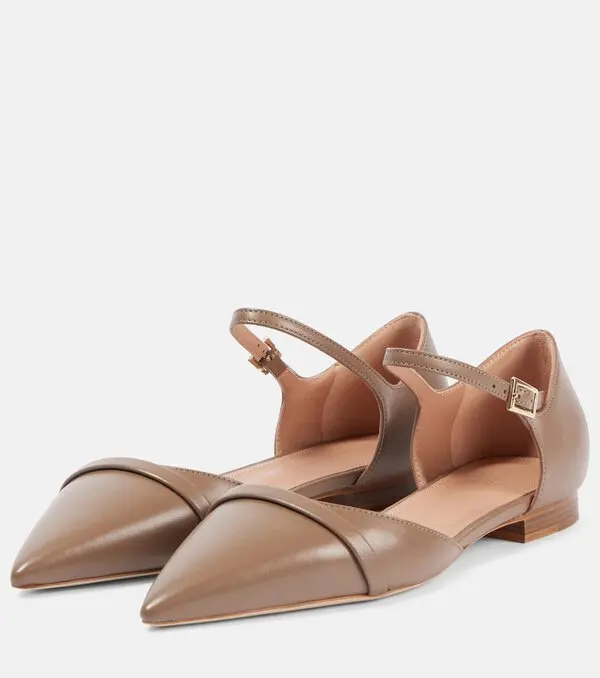 MALONE SOULIERS Leather Pointed Toe Flats With Ankle Strap - Neutrals