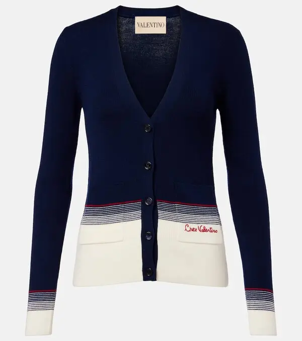 Valentino Garavani Striped Virgin Wool Cardigan - Blue