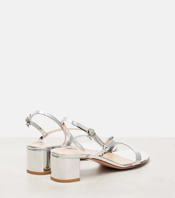 GIANVITO ROSSI Metallic Leather Block Heel Sandals - Silver