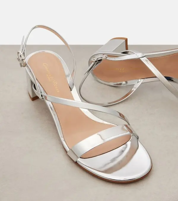 GIANVITO ROSSI Metallic Leather Block Heel Sandals - Silver