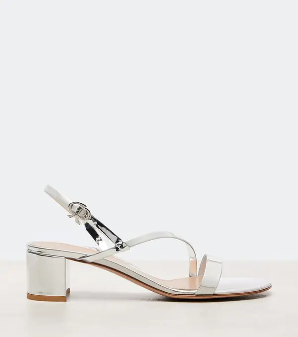 GIANVITO ROSSI Metallic Leather Block Heel Sandals - Silver
