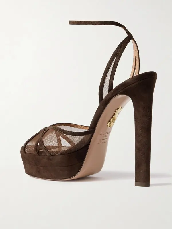 AQUAZZURA Shear Plateau 130 Suede-trimmed Mesh Platform Sandals - Brown