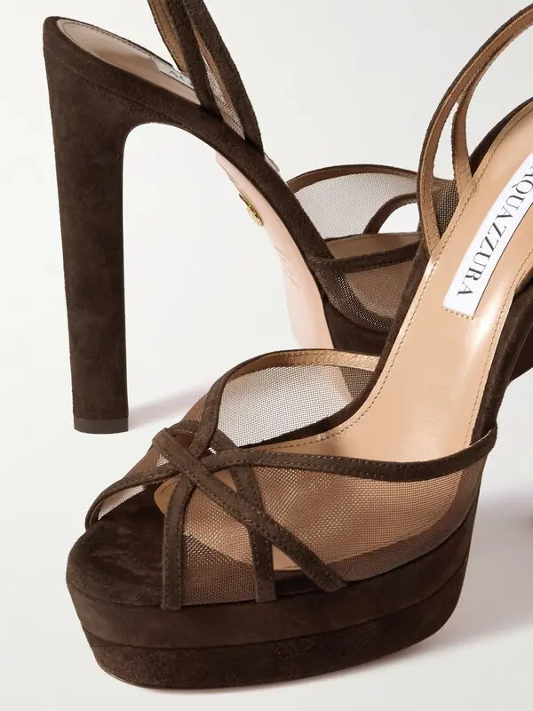 AQUAZZURA Shear Plateau 130 Suede-trimmed Mesh Platform Sandals - Brown