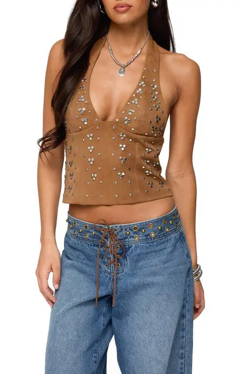 EDIKTED Studded Faux Suede Halter Top
