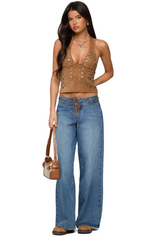 EDIKTED Studded Faux Suede Halter Top