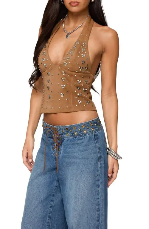 EDIKTED Studded Faux Suede Halter Top