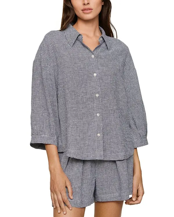 Eberjey Linen Blend Relaxed Fit Pajama Top - Gingham White