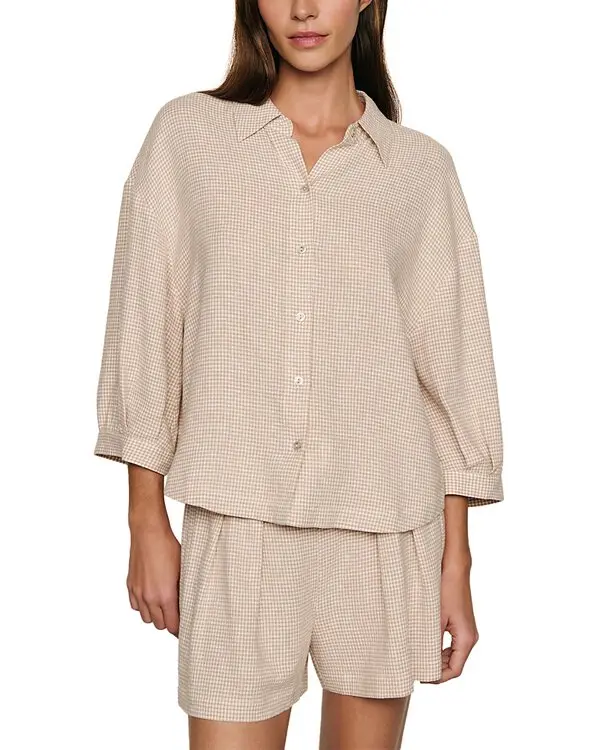 Eberjey Linen Blend Relaxed Fit Pajama Top - Gingham White/warm Taupe