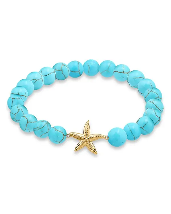 Aqua Starfish Charm Gemstone Beaded Bracelet - Blue/gold