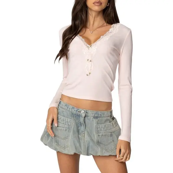 EDIKTED Lace Trim Long Sleeve Top - Pink
