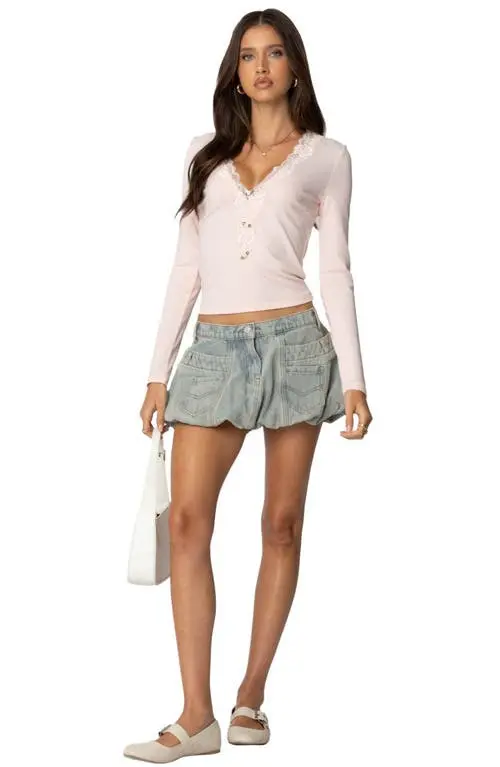 EDIKTED Lace Trim Long Sleeve Top - Pink