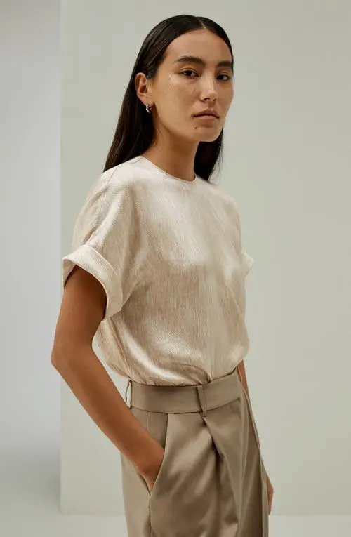 Lilysilk Printed Pearl Satin Silk T-shirt Top - Grain