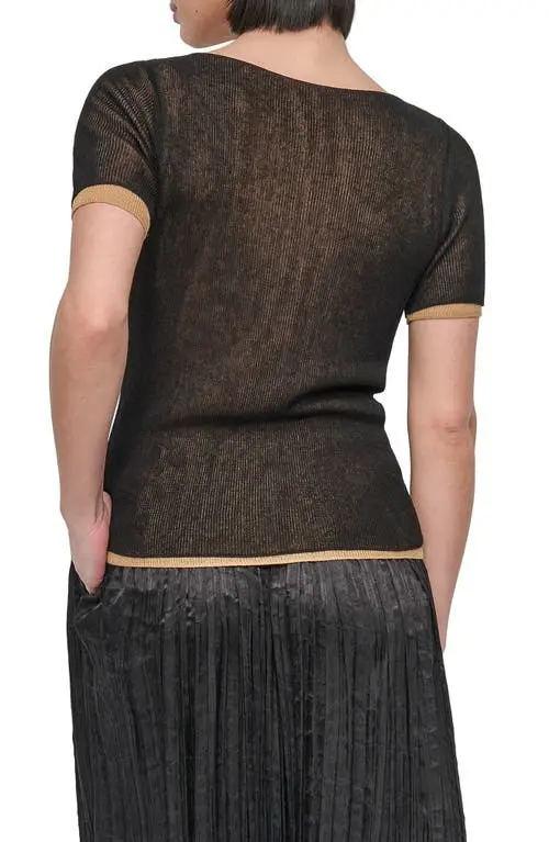 Dkny Contrast Layered Short Sleeve Sweater - Black/ Whiskey