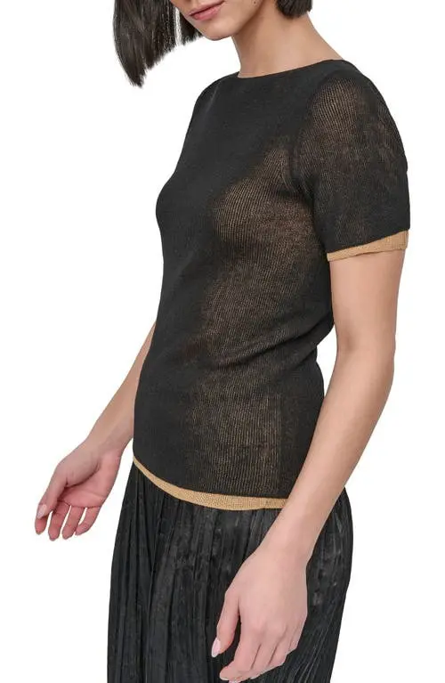 Dkny Contrast Layered Short Sleeve Sweater - Black/ Whiskey