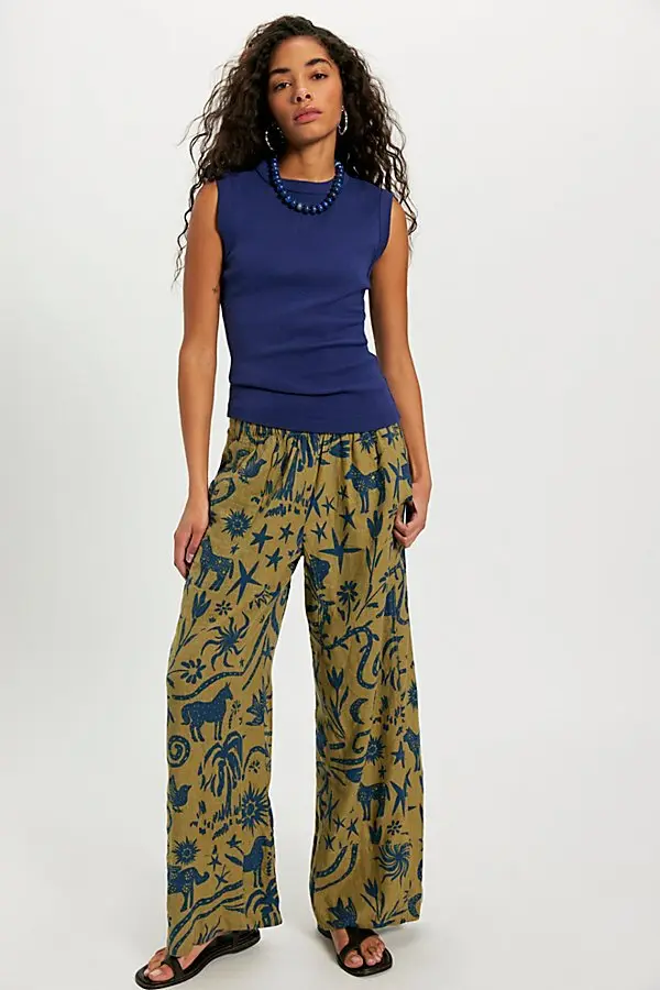 Free People Day's End Linen Printed Pull-on Pants - Olive Combo
