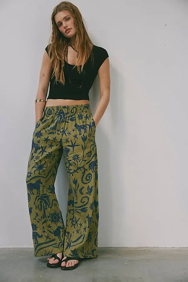 Free People Day's End Linen Printed Pull-on Pants - Olive Combo