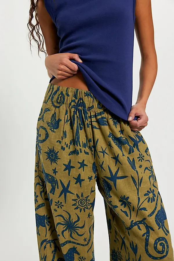Free People Day's End Linen Printed Pull-on Pants - Olive Combo