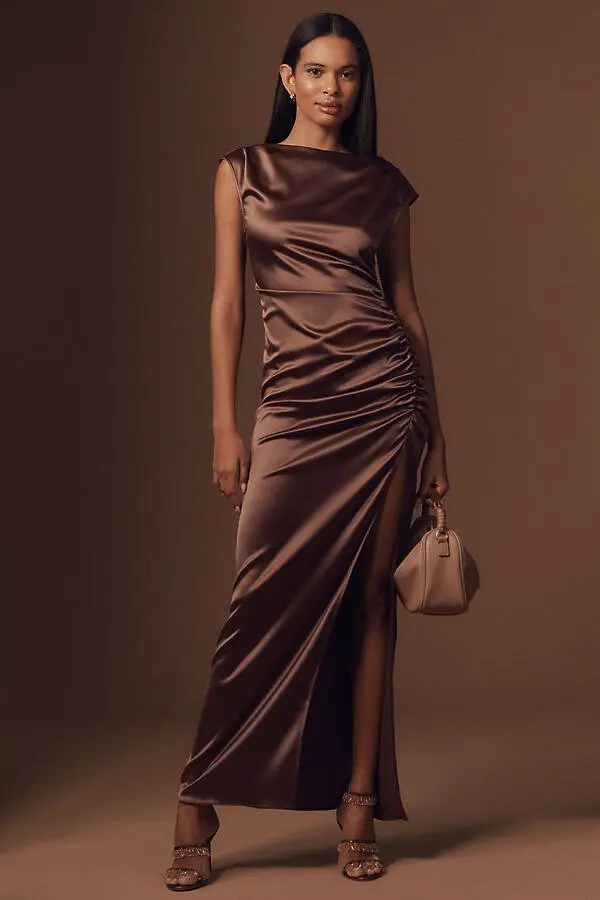 Bhldn High-neck Stretch Satin Maxi Dress - Chocolate